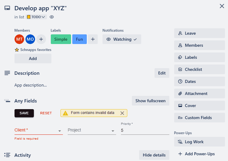 Schnapps.tech | Trello Power-Ups | Any Fields | Log Work